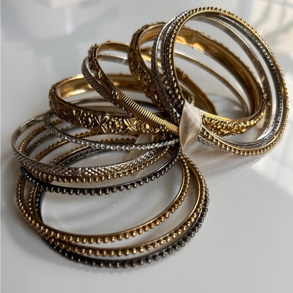 Jewelry | Silver And Gold Bangle Set Of 15 Of Various Designs | Poshmark